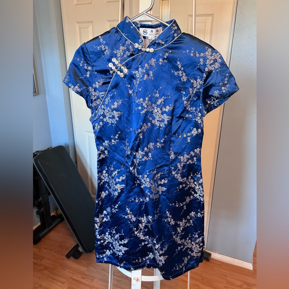 Royal Blue Satin Chinese Cheongsam Dress With Floral … - Gem